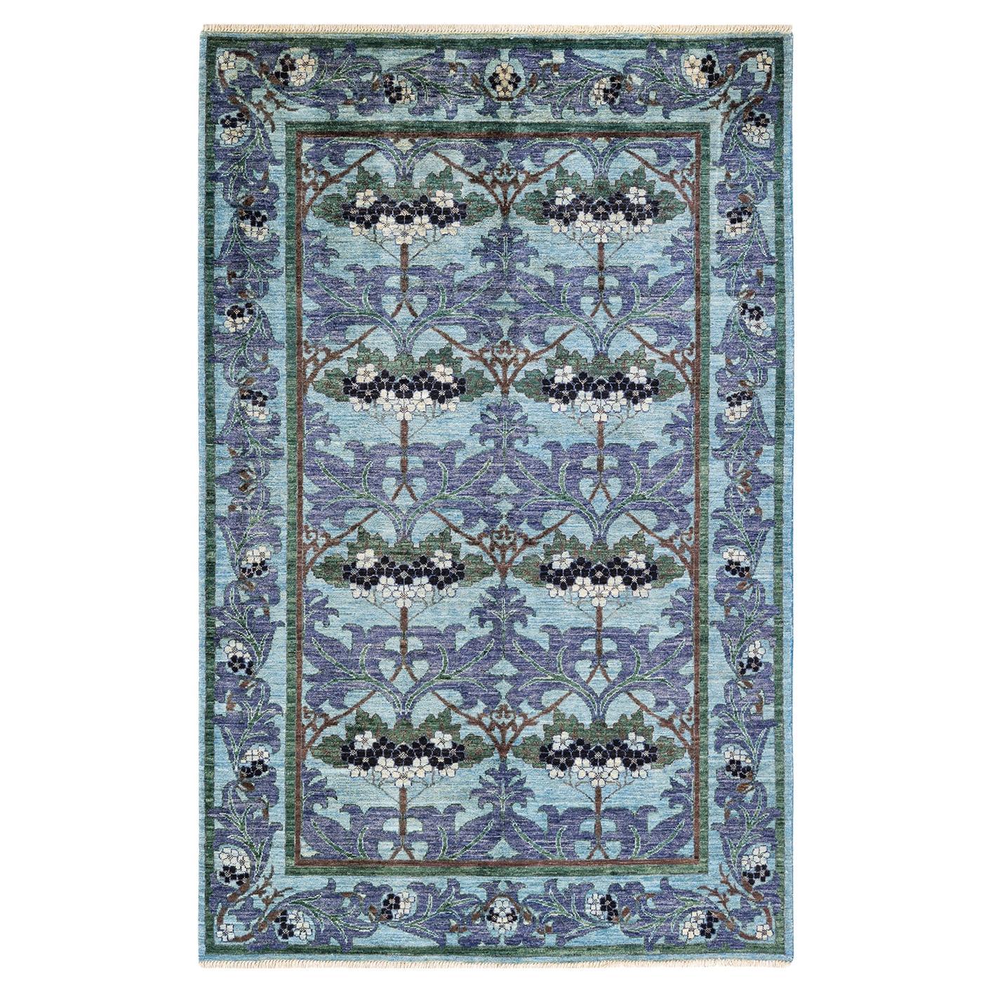 One-of-a-Kind Hand Knotted Floral Arts and Crafts Light Blue Area Rug ...