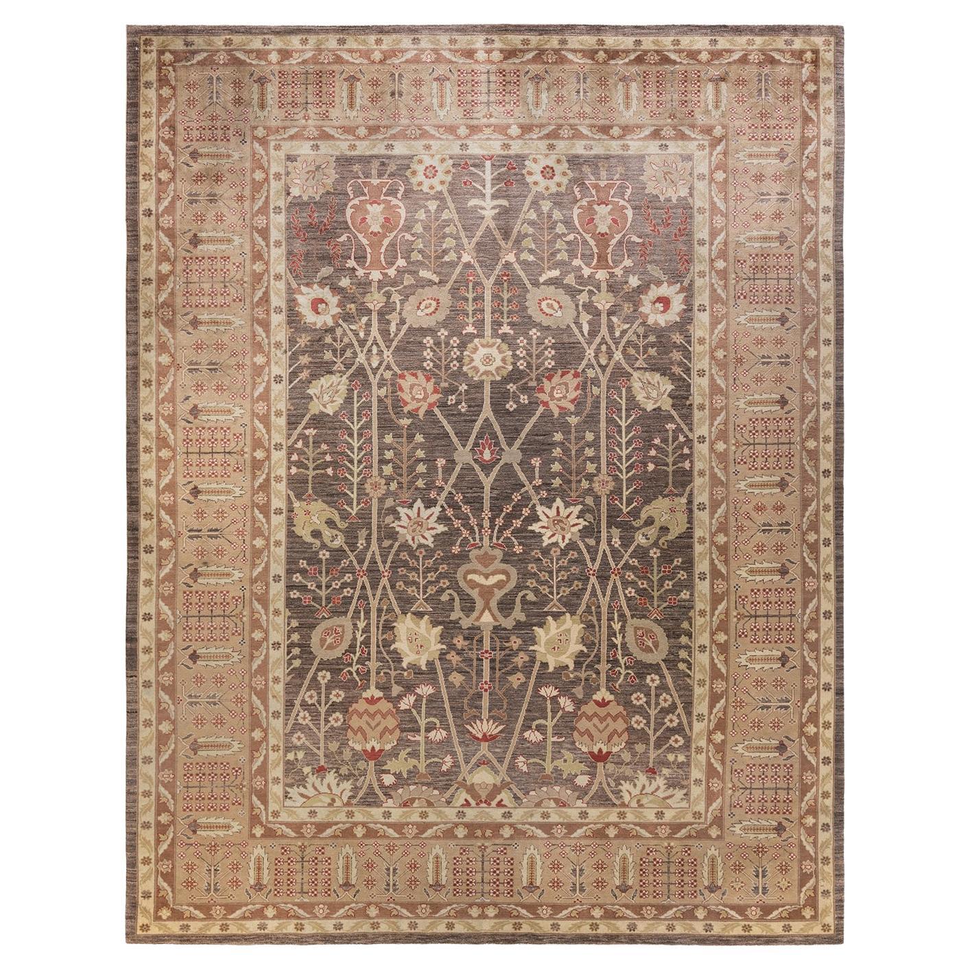 One of a Kind Hand Knotted Contemporary Floral Eclectic Light Gray ...