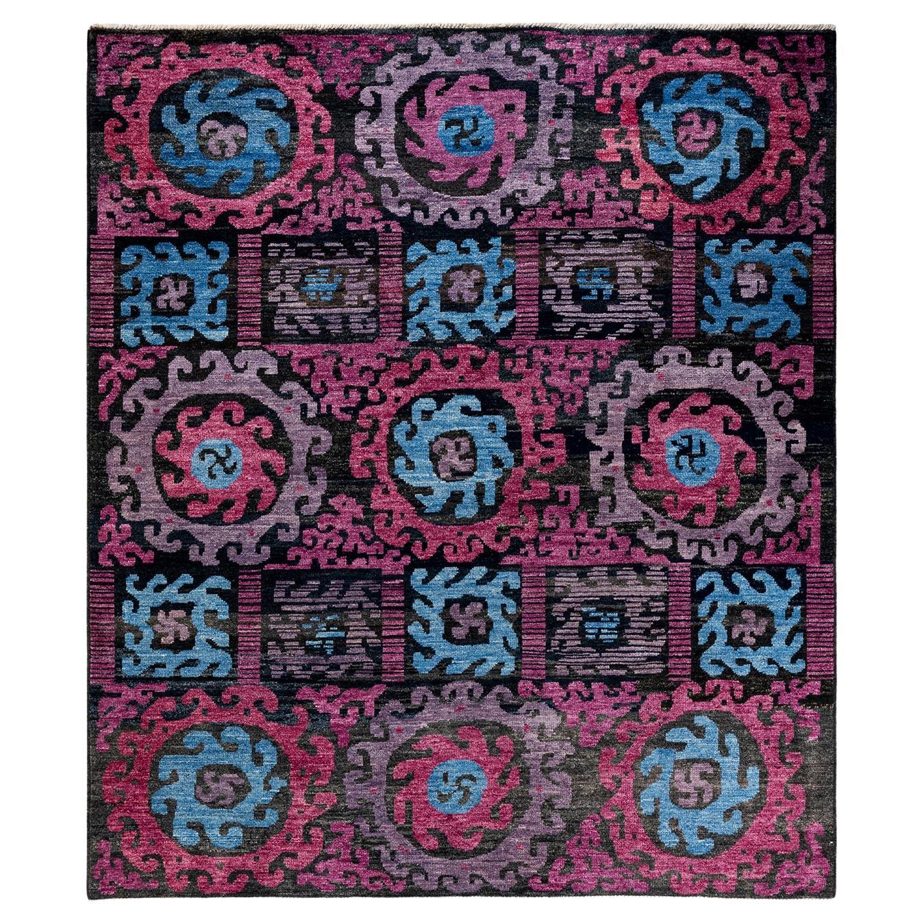 One-of-a-kind Hand Knotted Ikat Modern Black Area Rug For Sale at 1stDibs