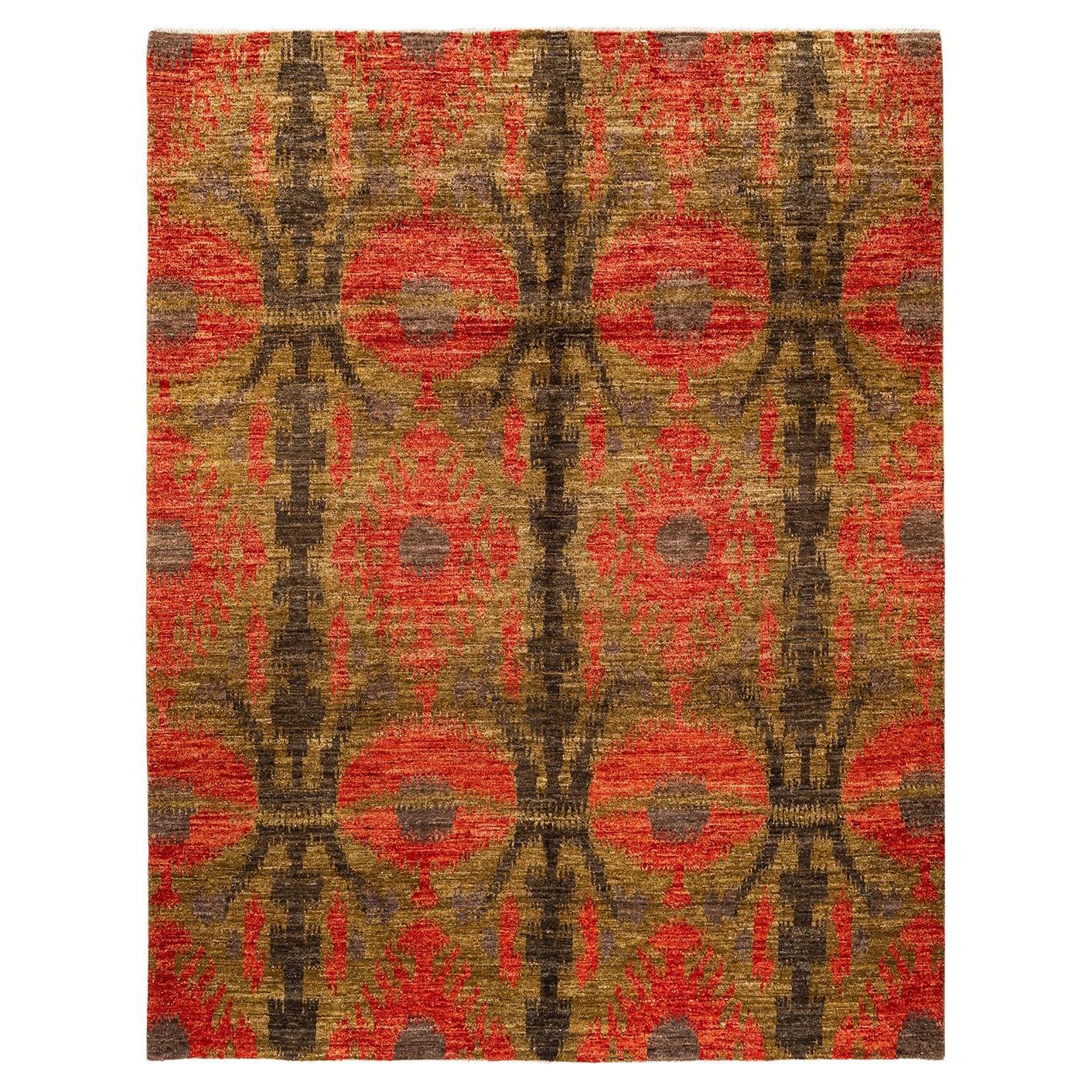 One-of-a-Kind Hand Knotted Ikat Modern Green Area Rug For Sale at 1stDibs