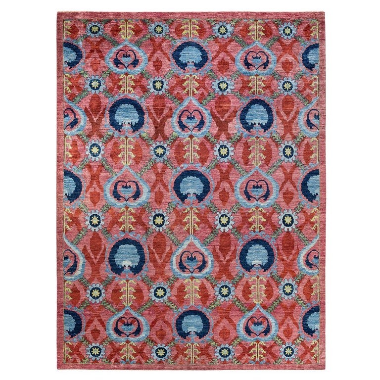 One-of-a-Kind Hand Knotted Ikat Suzani Pink Area Rug For Sale at 1stDibs