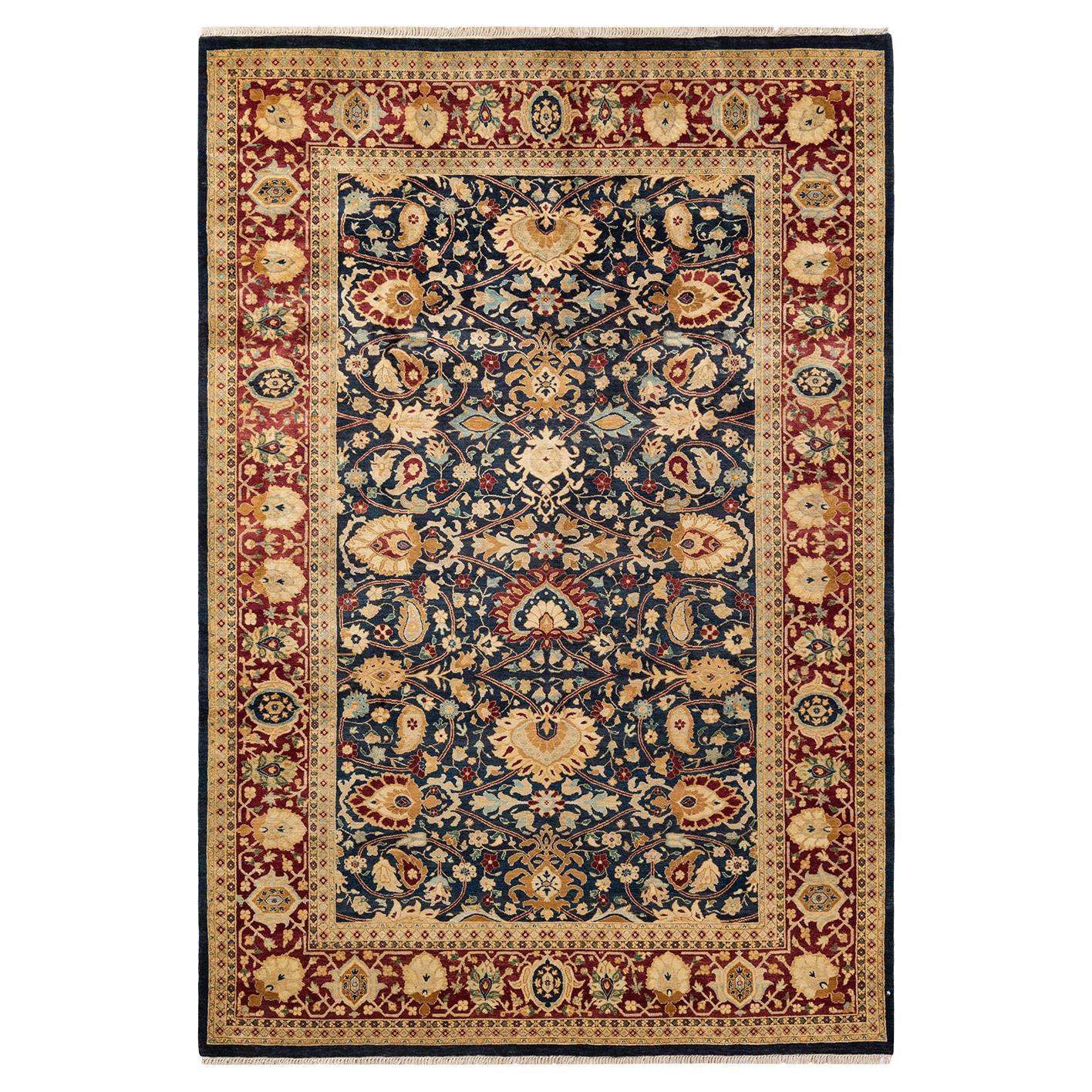 One-of-a-Kind Hand Knotted Traditional Floral Mogul Blue Area Rug For ...