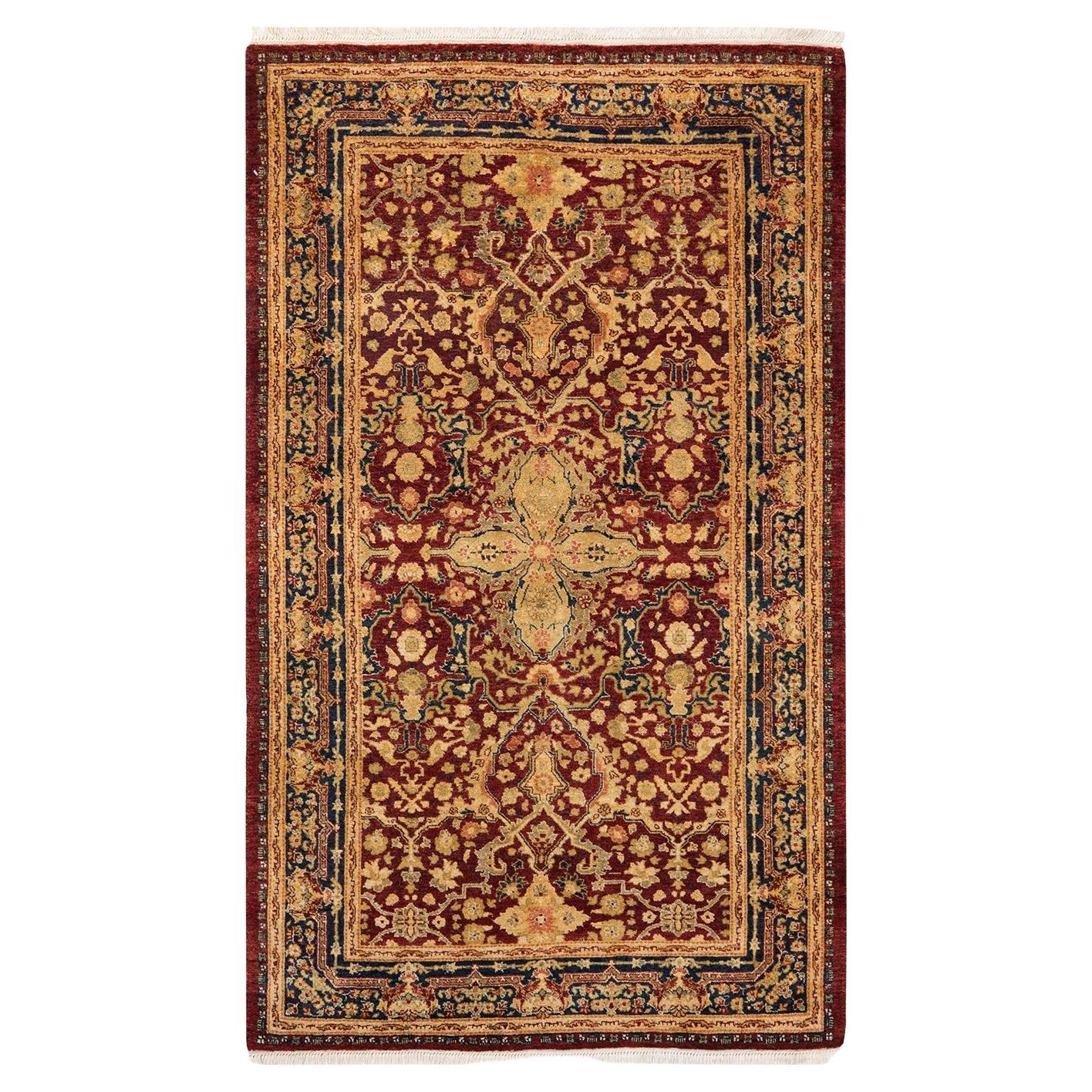 One-Of-A-Kind Hand Knotted Traditional Floral Mogul Red Area Rug For ...