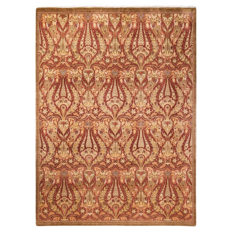 One of a Kind Hand Knotted Traditional Floral Mogul Yellow Area Rug For ...