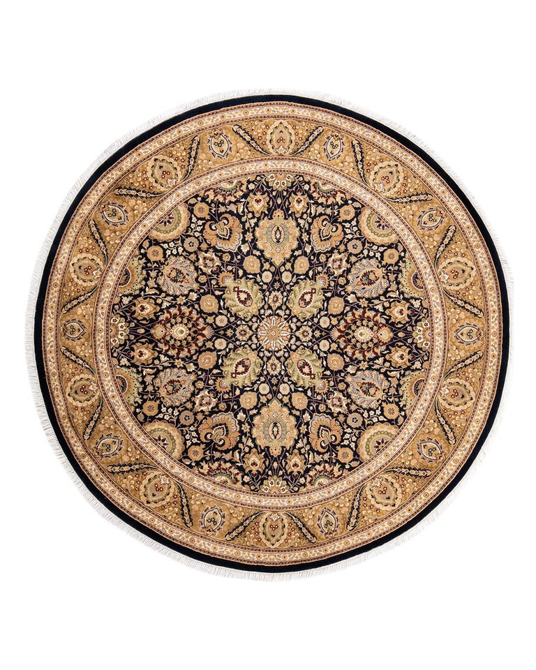 One of a Kind Hand Knotted Traditional Oriental Black Round Area Rug ...