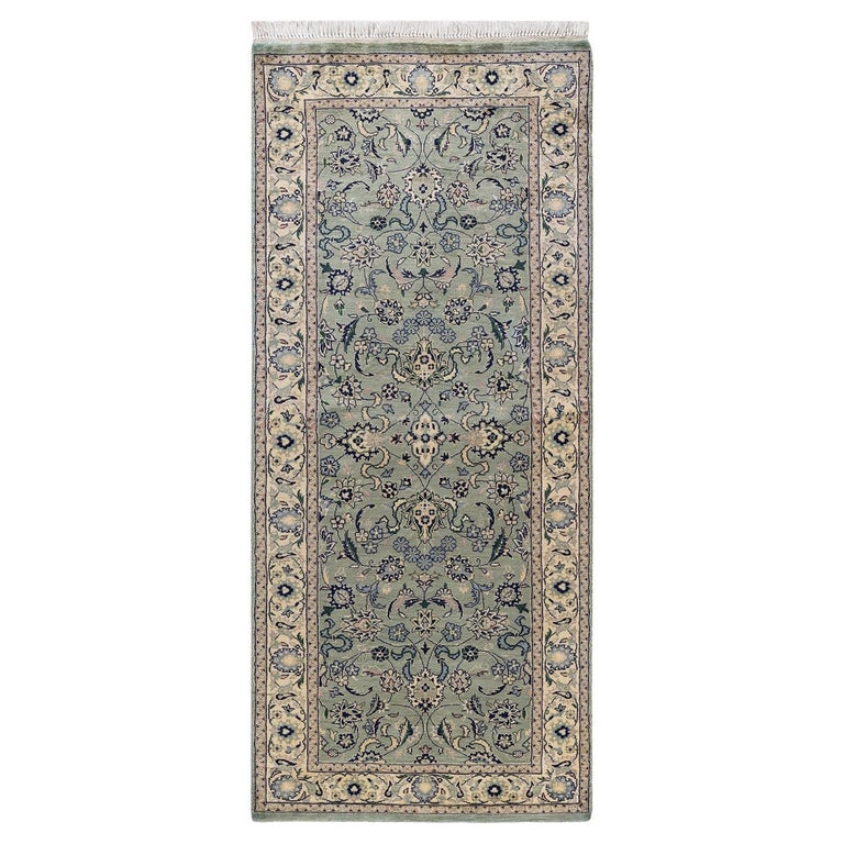 One of a Kind Hand Knotted Traditional Oriental Green Runner For Sale ...