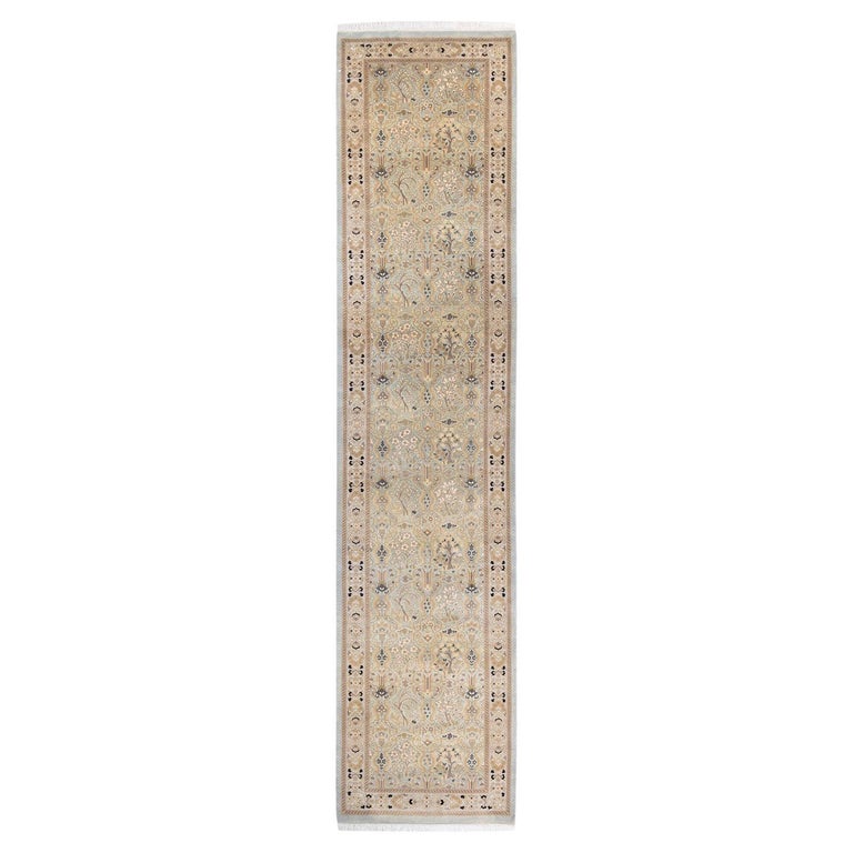 One of a Kind Hand Knotted Traditional Oriental Light Blue Runner For ...