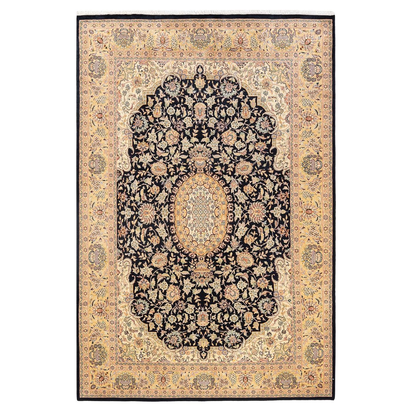 One of a Kind Hand Knotted Traditional Oriental Mogul Black Area Rug ...