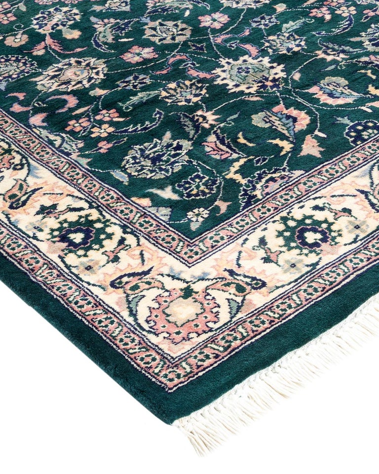 One of a Kind Hand Knotted Traditional Oriental Mogul Green Runner Area ...