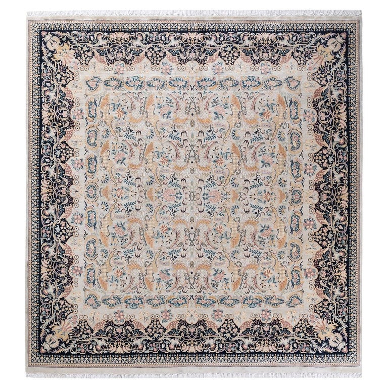 One of a Kind Hand Knotted Traditional Oriental Mogul Ivory Square Area ...