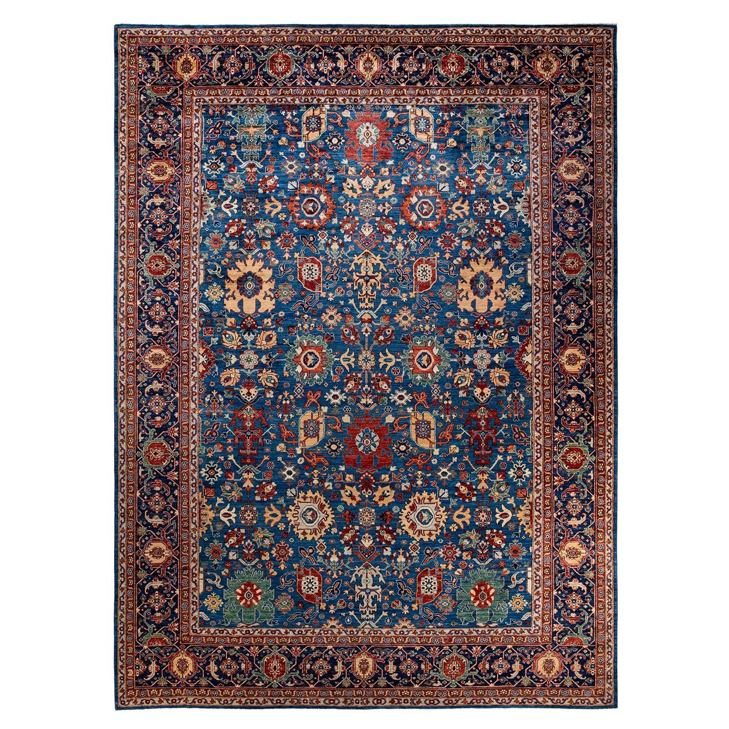 One of a Kind Hand Knotted Traditional Tribal Serapi Blue Square Area ...