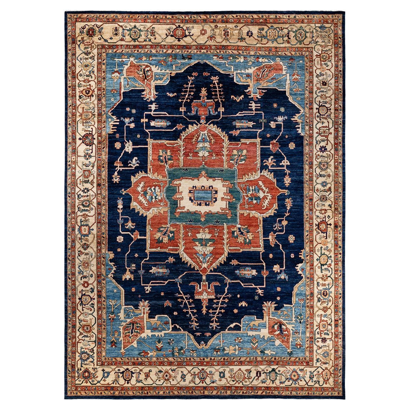 One of a Kind Hand Knotted Traditional Tribal Serapi Blue Area Rug For ...
