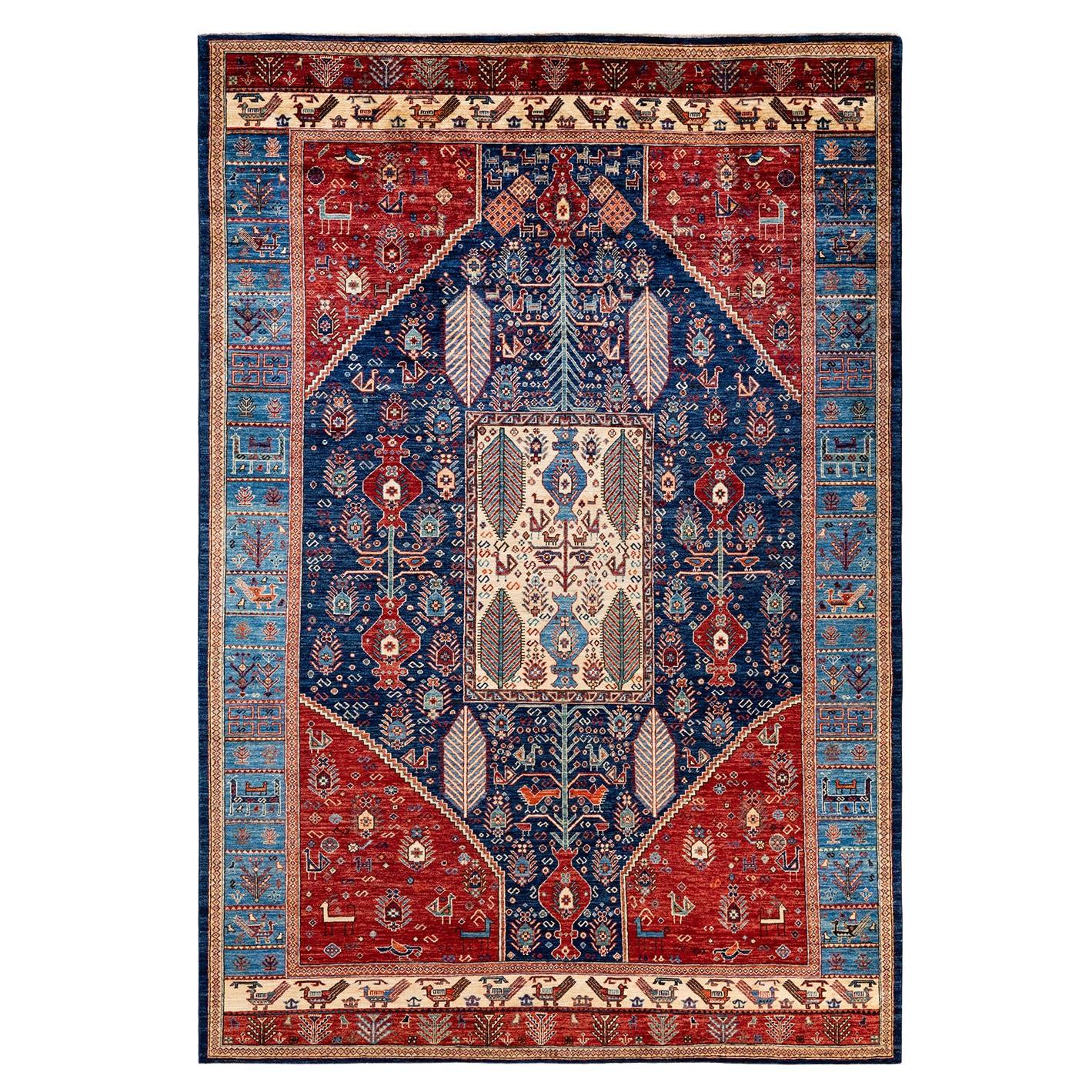 One of a Kind Hand Knotted Traditional Tribal Serapi Blue Area Rug For ...