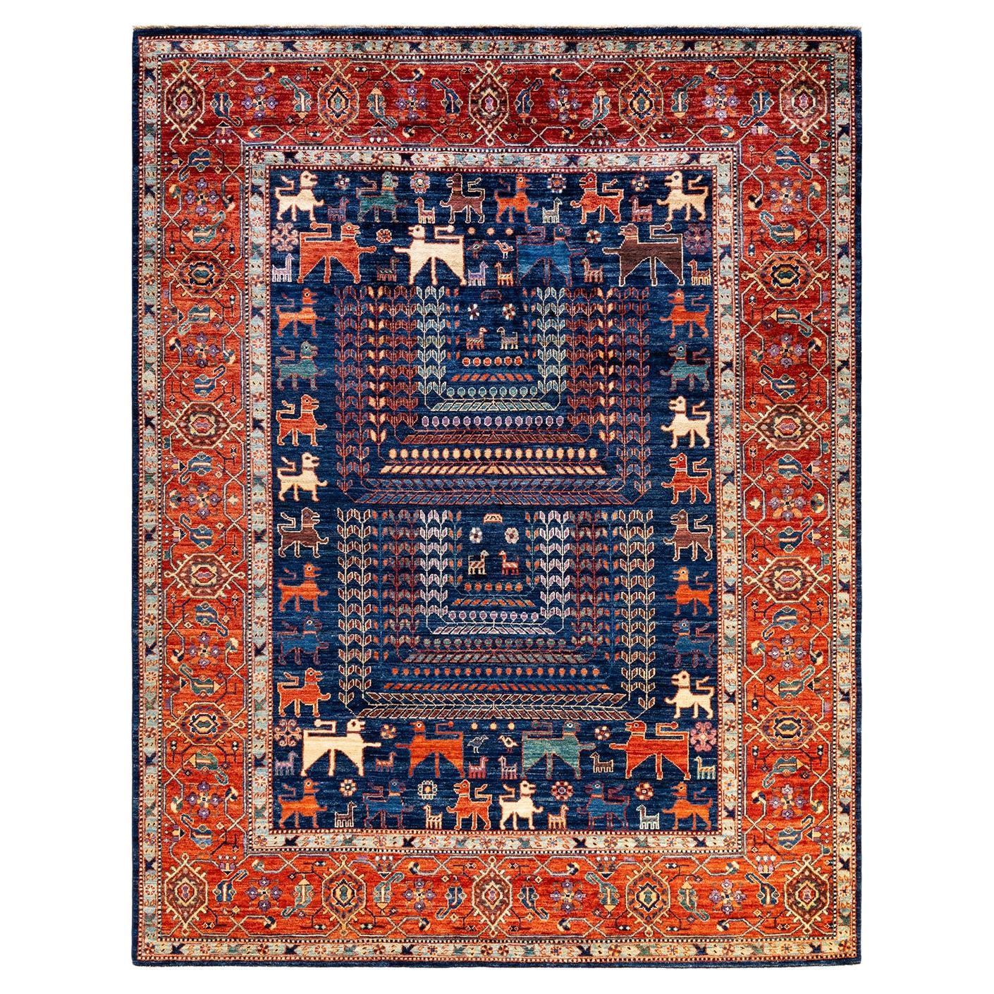One of a Kind Hand Knotted Traditional Tribal Serapi Blue Area Rug For ...