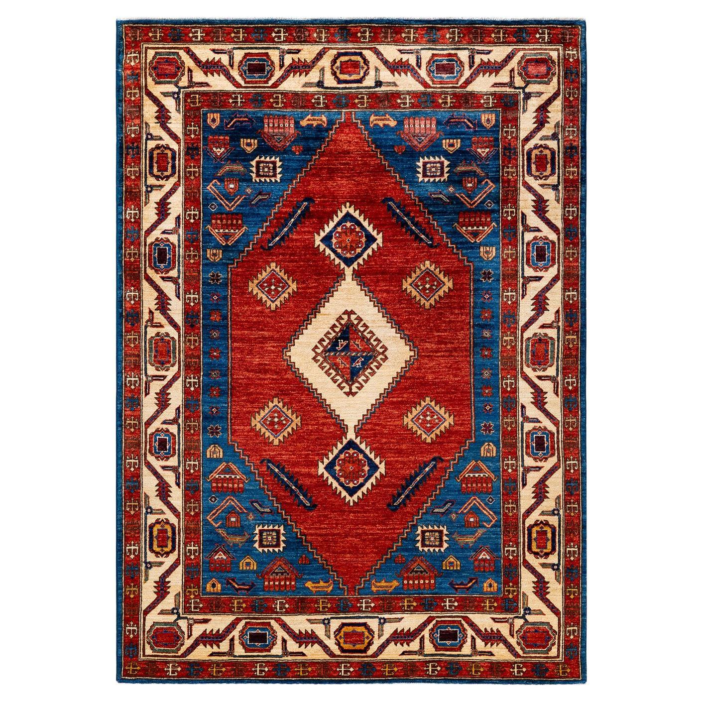 One of a Kind Hand Knotted Traditional Tribal Serapi Blue Area Rug For ...