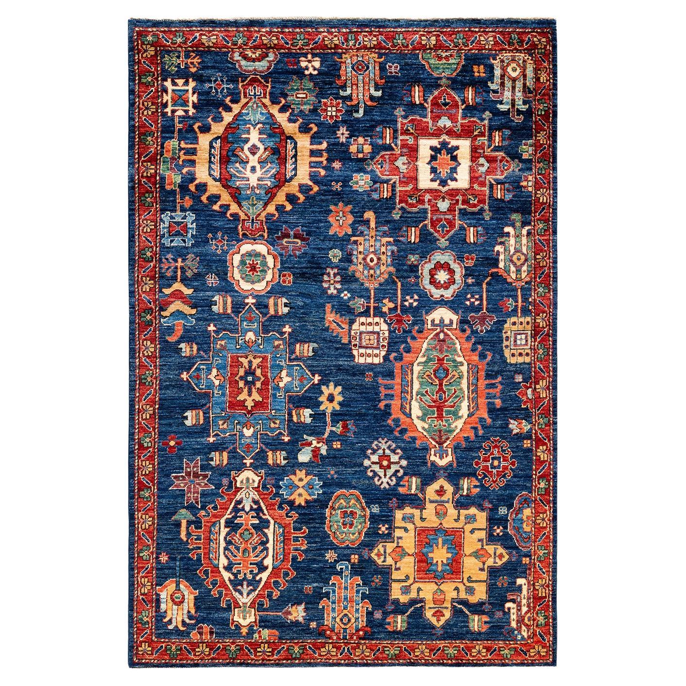One of a Kind Hand Knotted Traditional Tribal Serapi Blue Area Rug For ...