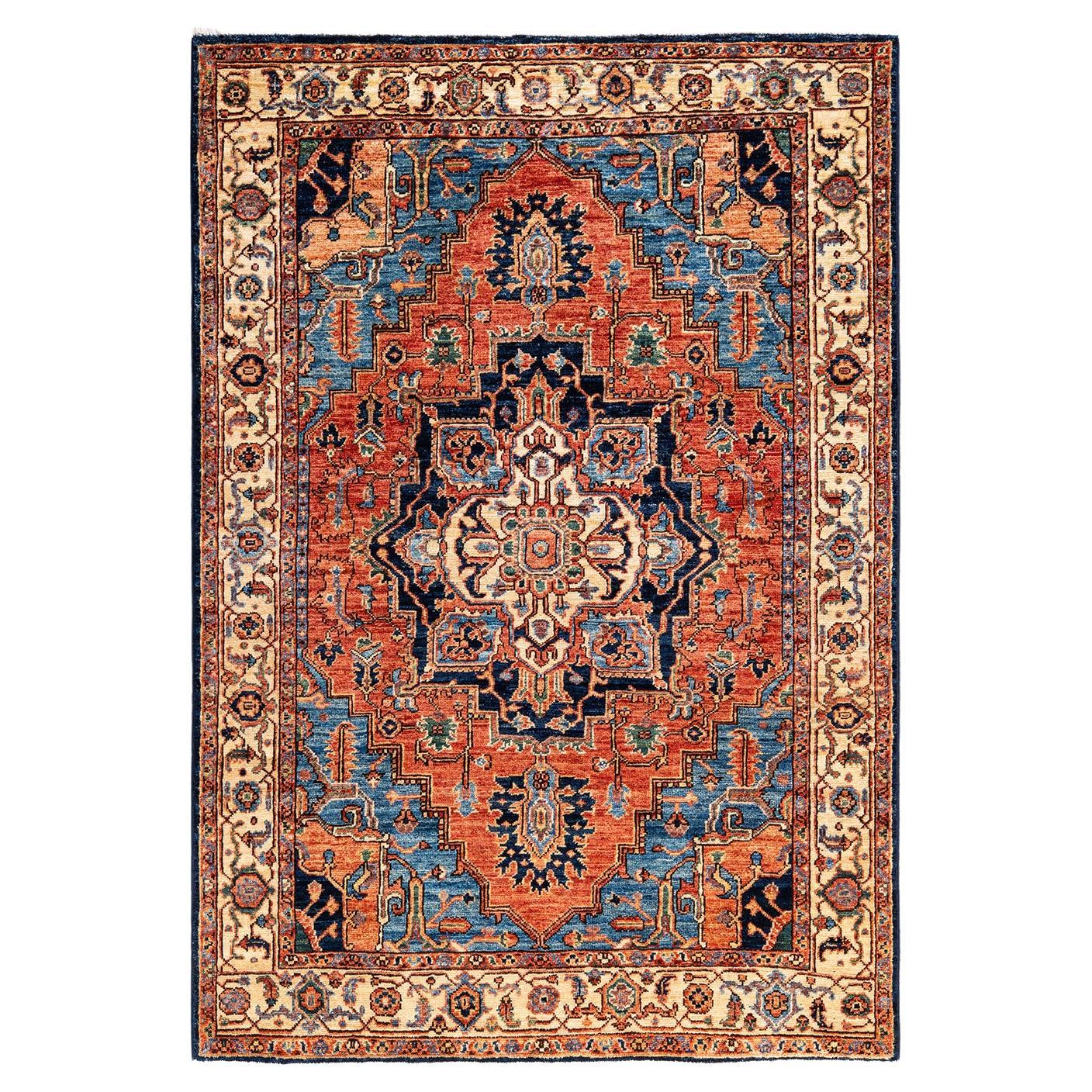 One of a Kind Hand Knotted Traditional Tribal Serapi Blue Area Rug For ...
