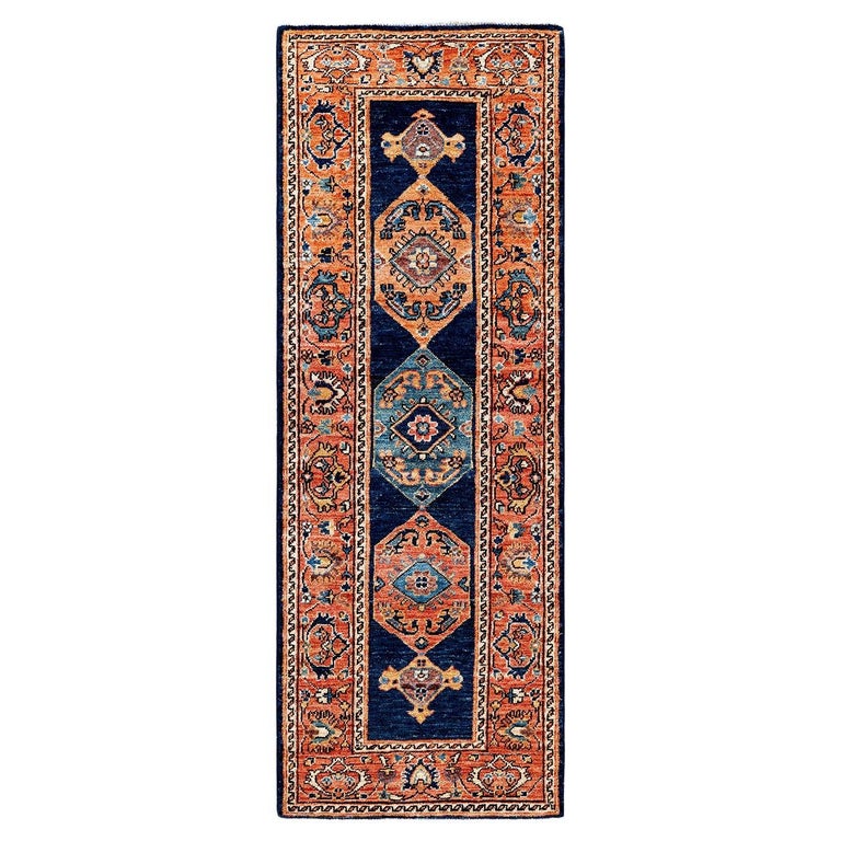 One of a Kind Hand Knotted Traditional Tribal Serapi Blue Area Rug For ...