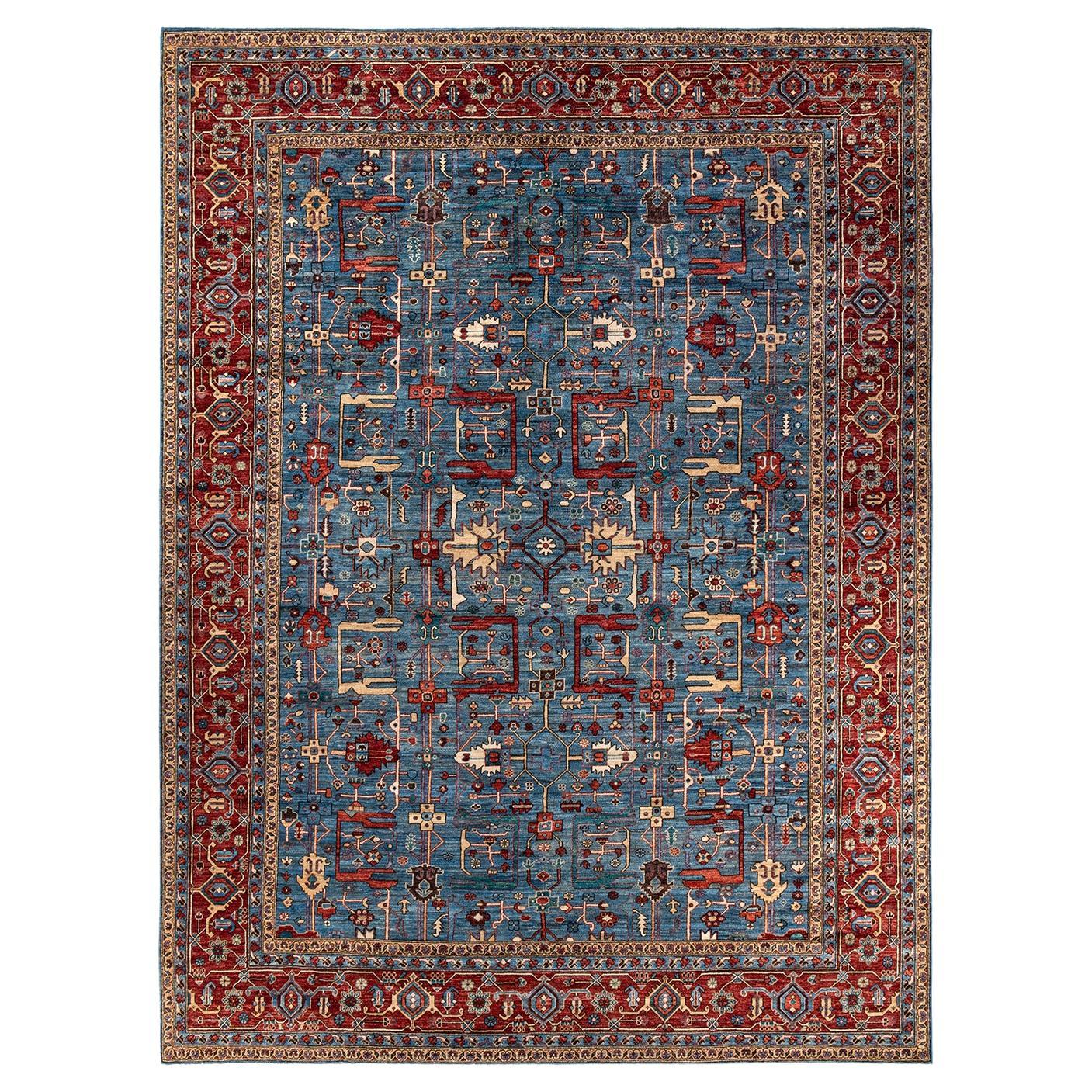 One of a Kind Hand Knotted Traditional Tribal Serapi Light Blue Area ...