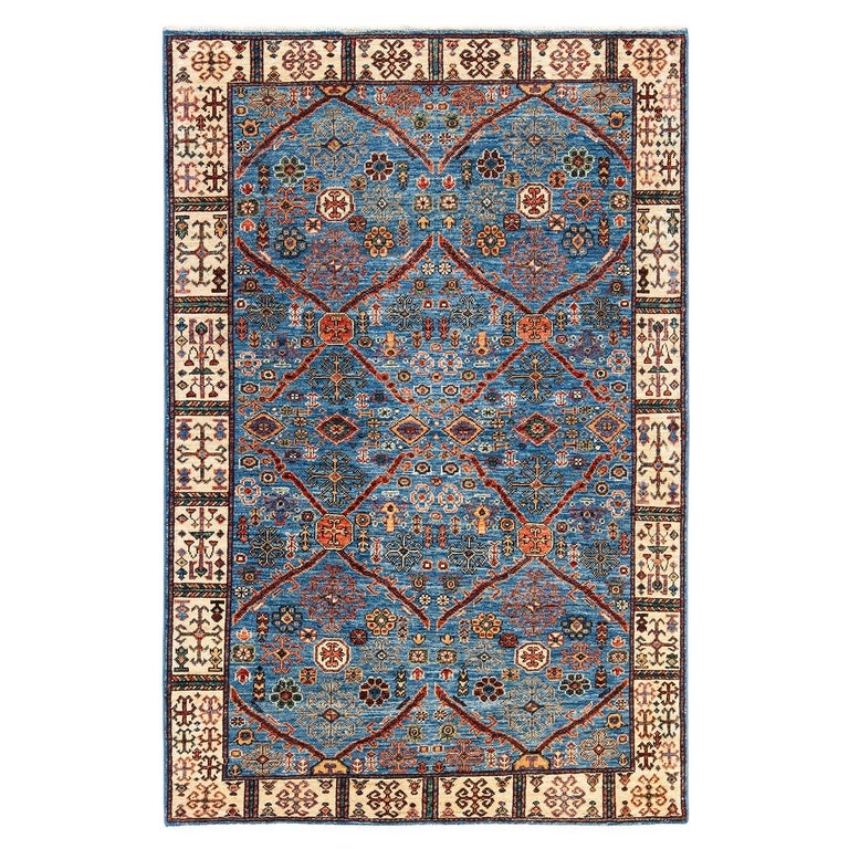 Tapis tribal traditionnel Serapi bleu clair noué à la main, unique en ...