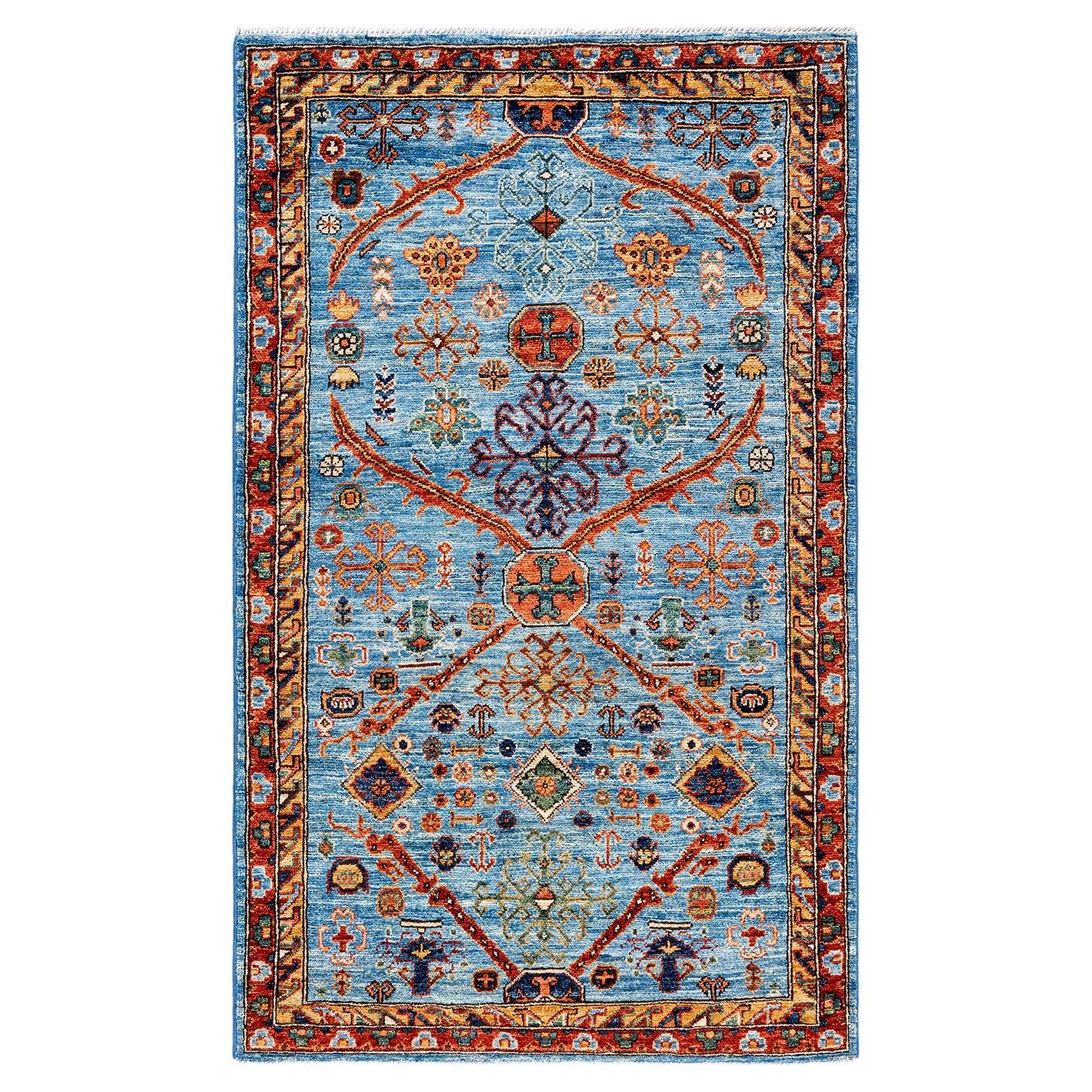 One of a Kind Hand Knotted Traditional Tribal Serapi Light Blue Area ...