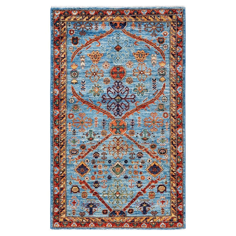 Tapis tribal traditionnel Serapi bleu clair noué à la main, unique en ...