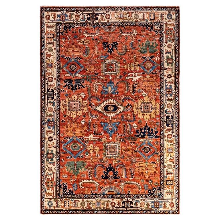 Tapis tribal traditionnel Serapi orange noué à la main, unique en son ...