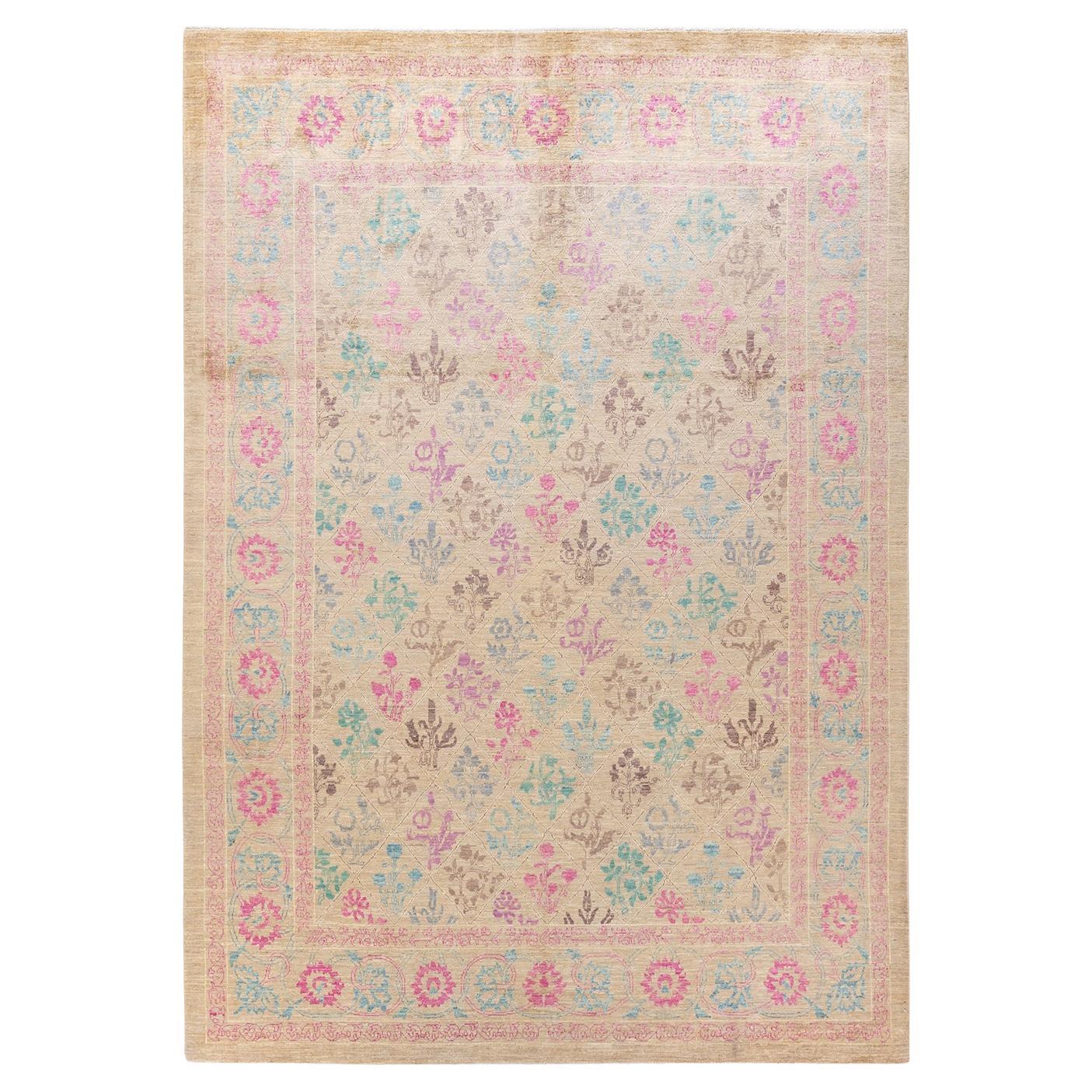 One-of-a-kind Hand Knotted Wool Eclectic Ivory Area Rug For Sale at 1stDibs
