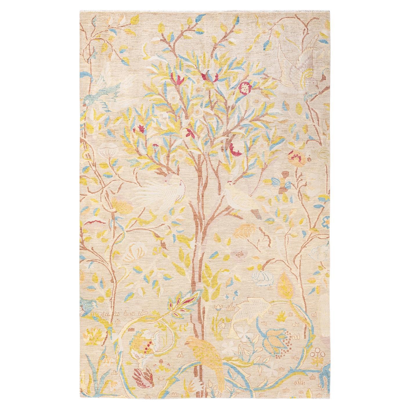 One-of-a-Kind Hand Knotted Wool Eclectic Ivory Area Rug For Sale at 1stDibs
