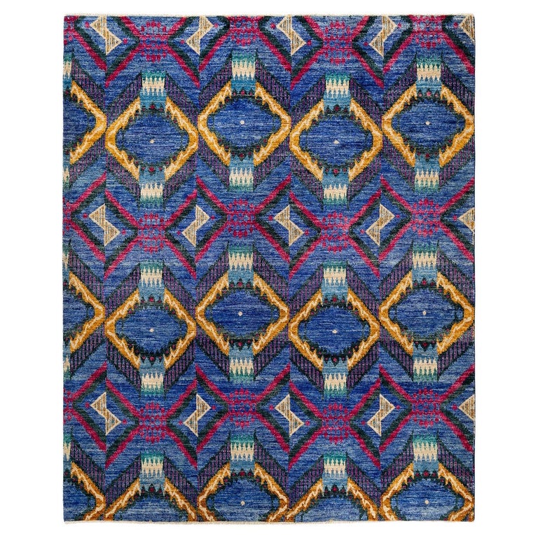 One-of-a-Kind Hand Knotted Wool Modern Blue Area Rug For Sale at 1stDibs