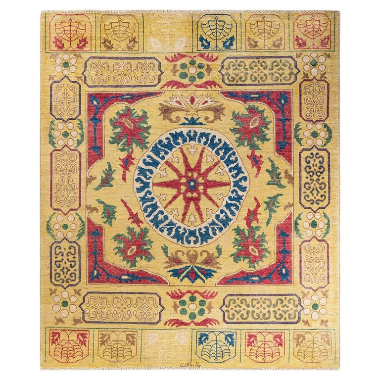 One-of-a-kind Hand Knotted Wool Modern Yellow Area Rug For Sale at 1stDibs