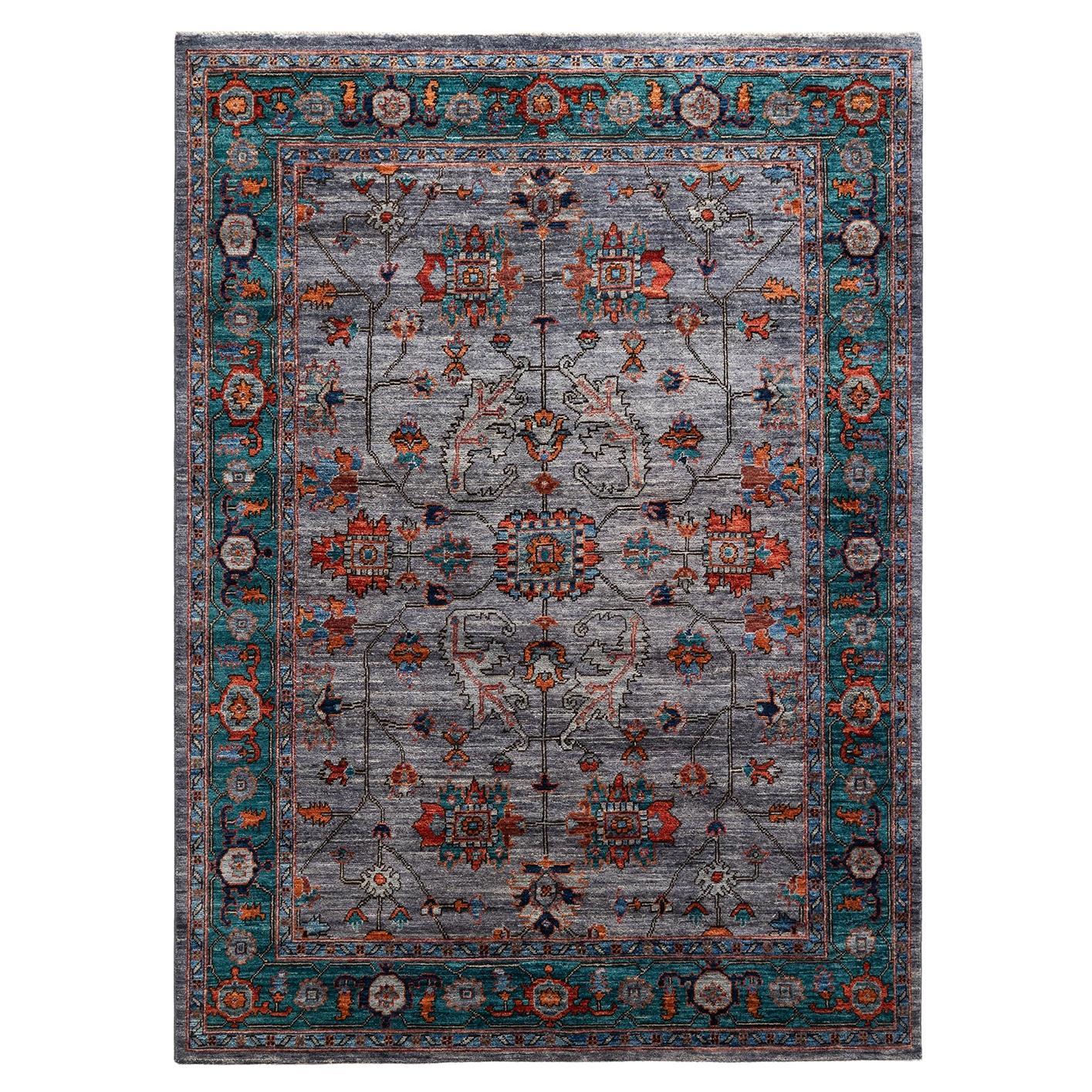 Gray Pomegranate Design Hand Knotted Wool Area Rug For Sale at 1stDibs