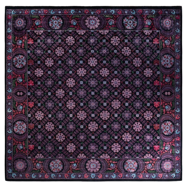 One-of-a-kind Hand Knotted Wool Suzani Black Area Rug For Sale at 1stDibs