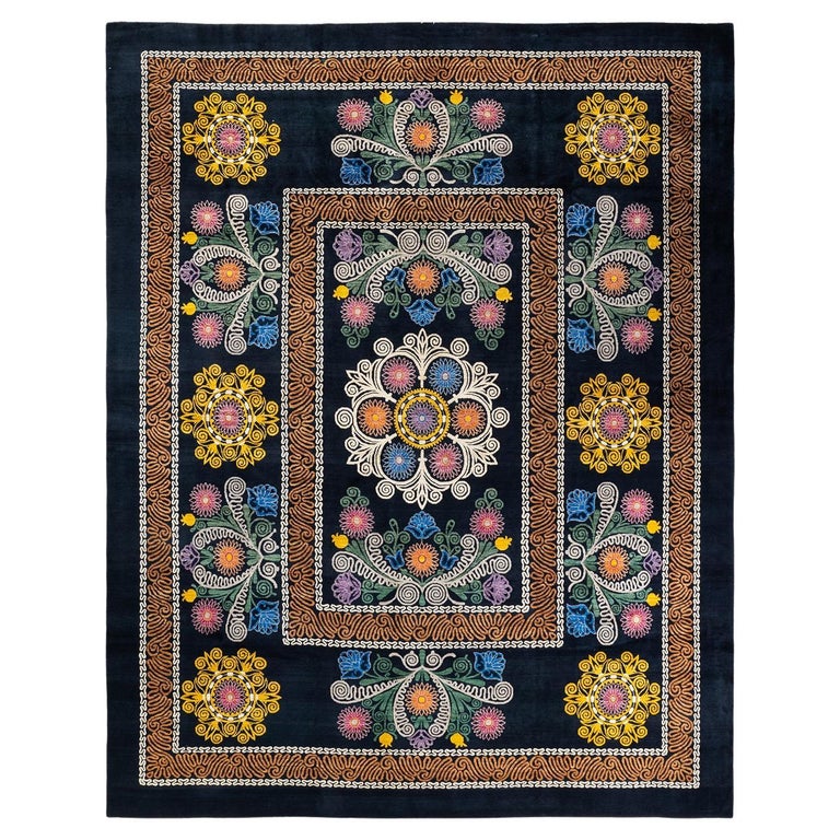 One-of-a-kind Hand Knotted Wool Suzani Black Area Rug For Sale at 1stDibs