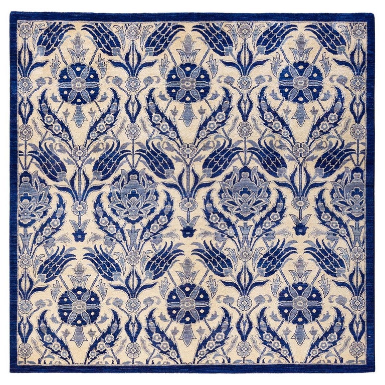 One-of-a-kind Hand Knotted Wool Suzani Blue Area Rug For Sale at 1stDibs
