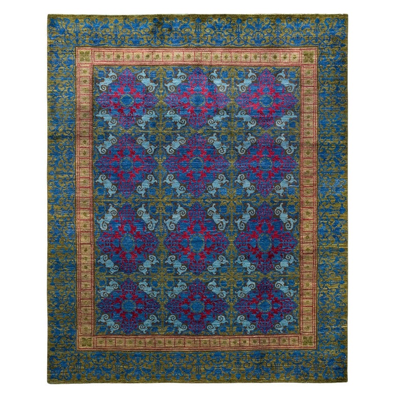 One-of-a-kind Hand Knotted Wool Suzani Green Area Rug For Sale at 1stDibs