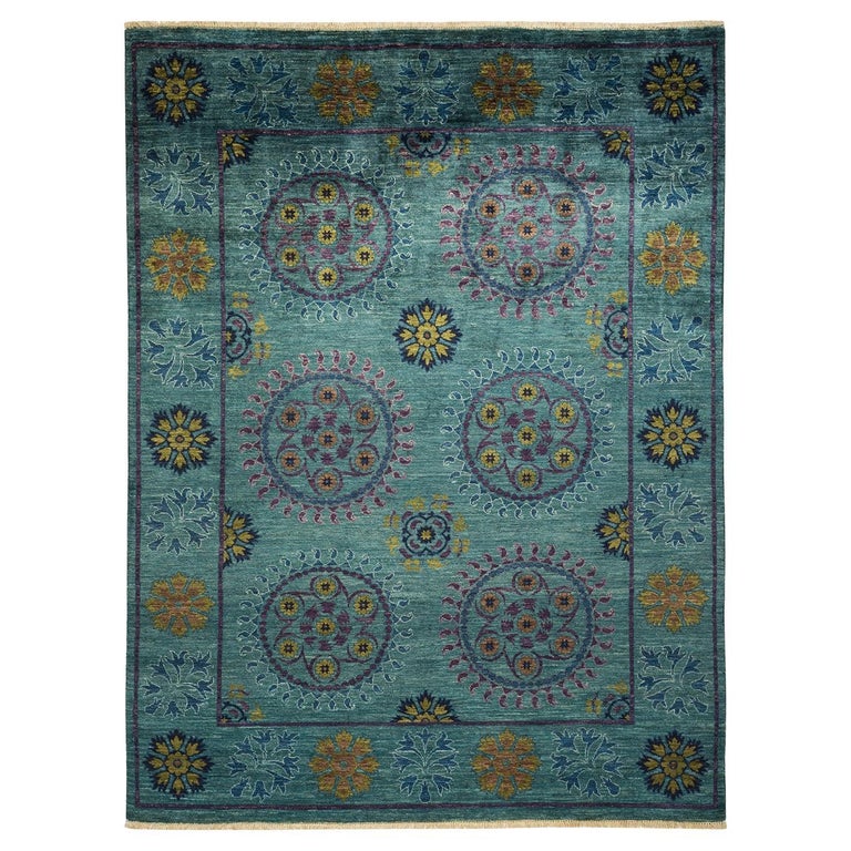 One-of-a-kind Hand Knotted Wool Suzani Green Area Rug For Sale at 1stDibs