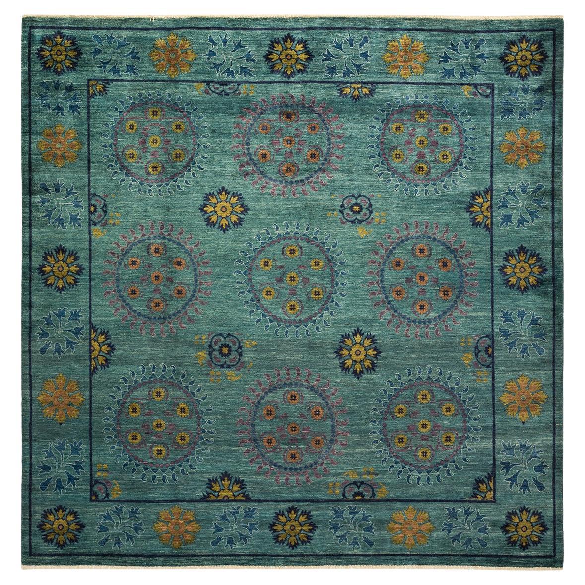 One-of-a-kind Hand Knotted Wool Suzani Blue Area Rug For Sale at 1stDibs
