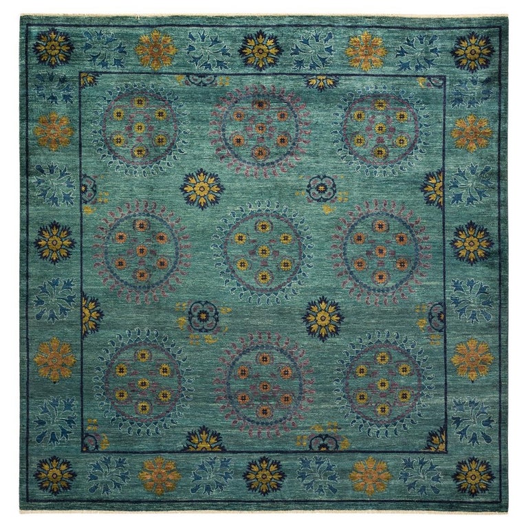 One-of-a-kind Hand Knotted Wool Suzani Green Area Rug For Sale at 1stDibs