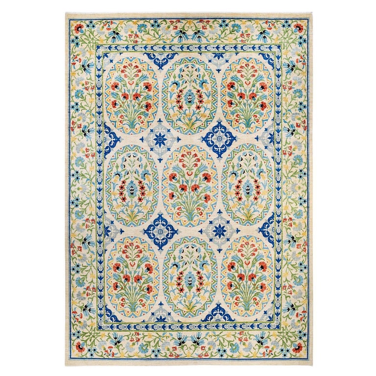 One-of-a-kind Hand Knotted Wool Suzani Ivory Area Rug For Sale at 1stDibs