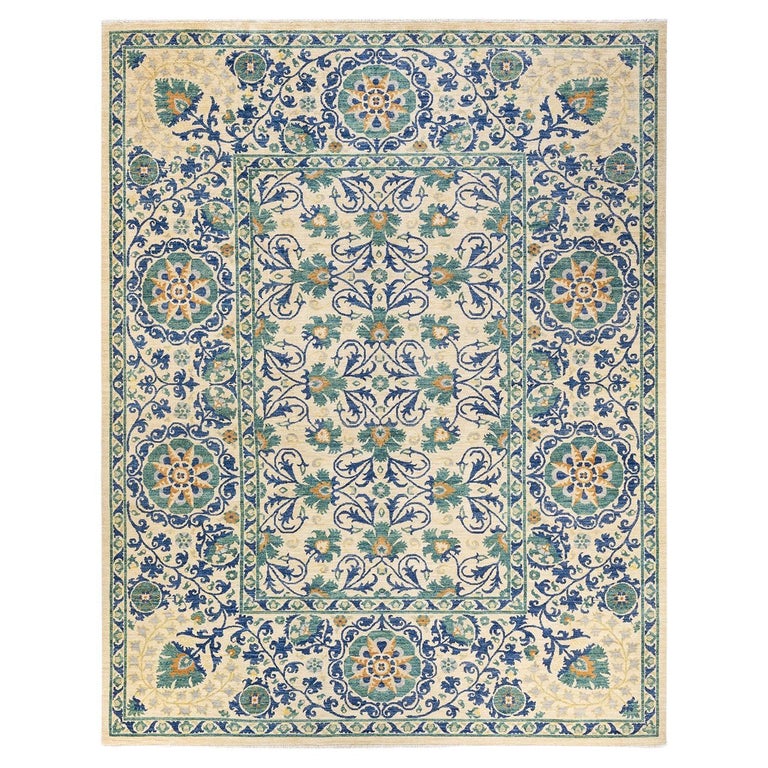 One-of-a-kind Hand Knotted Wool Suzani Ivory Area Rug For Sale at 1stDibs