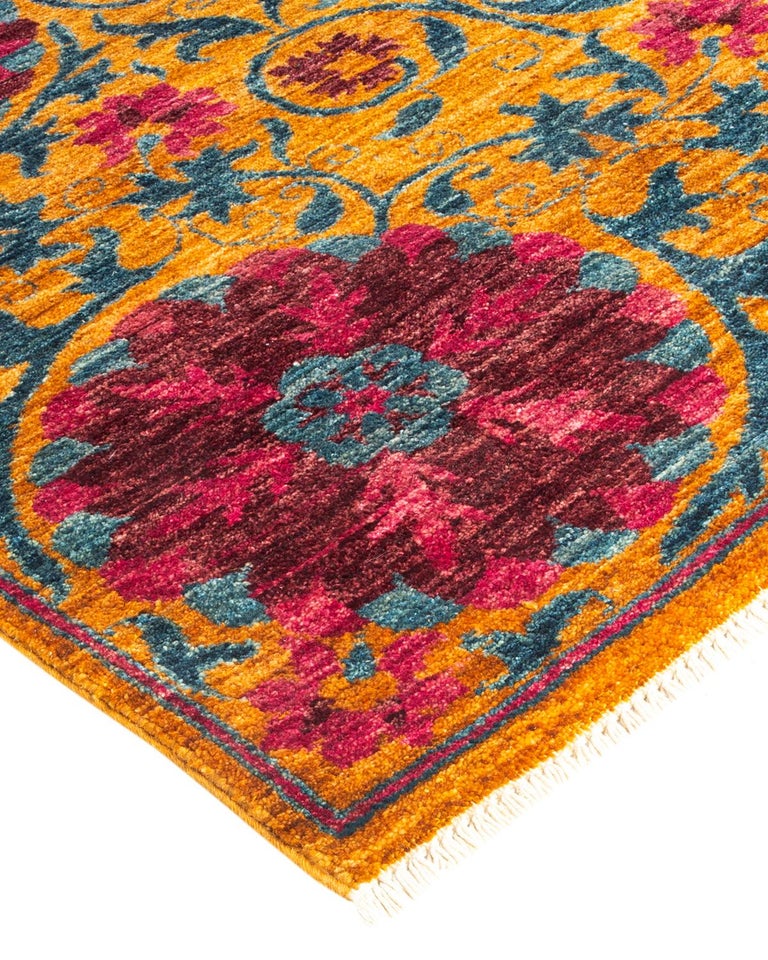 One-of-a-kind Hand Knotted Wool Suzani Yellow Area Rug For Sale at 1stDibs