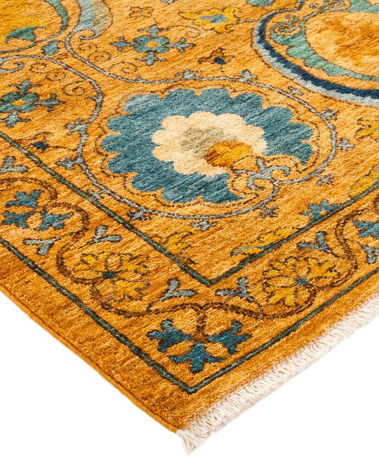 One-of-a-kind Hand Knotted Wool Suzani Yellow Area Rug For Sale at 1stDibs