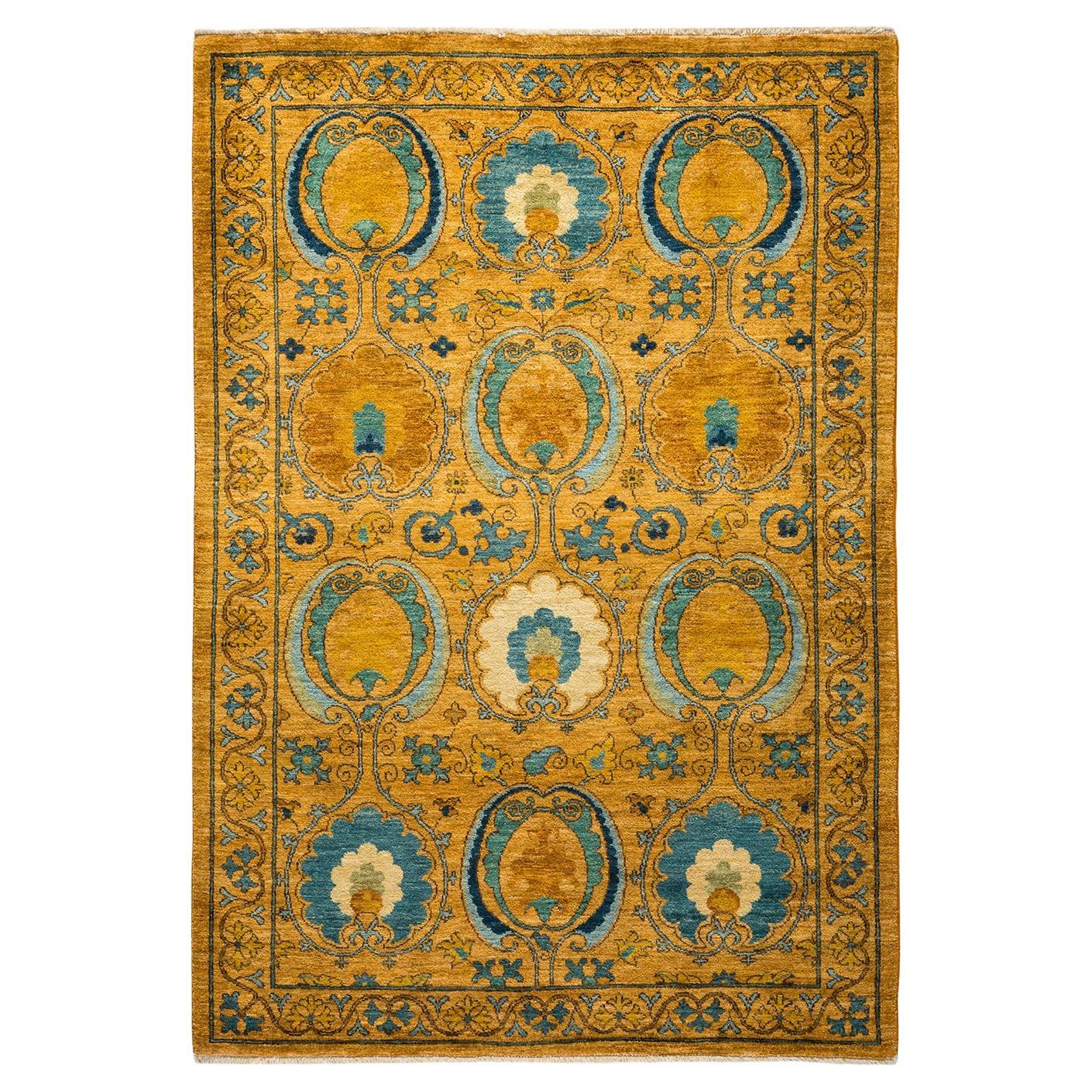 One-of-a-kind Hand Knotted Wool Suzani Yellow Area Rug For Sale at 1stDibs