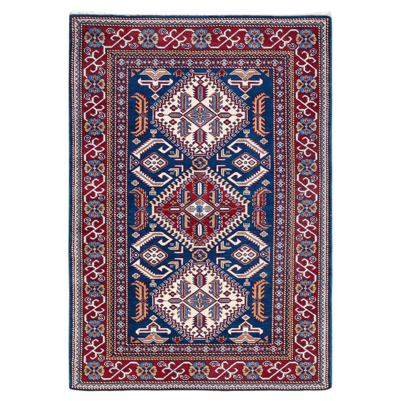 One-of-a-kind Hand Knotted Wool Tribal Blue Area Rug For Sale at 1stDibs