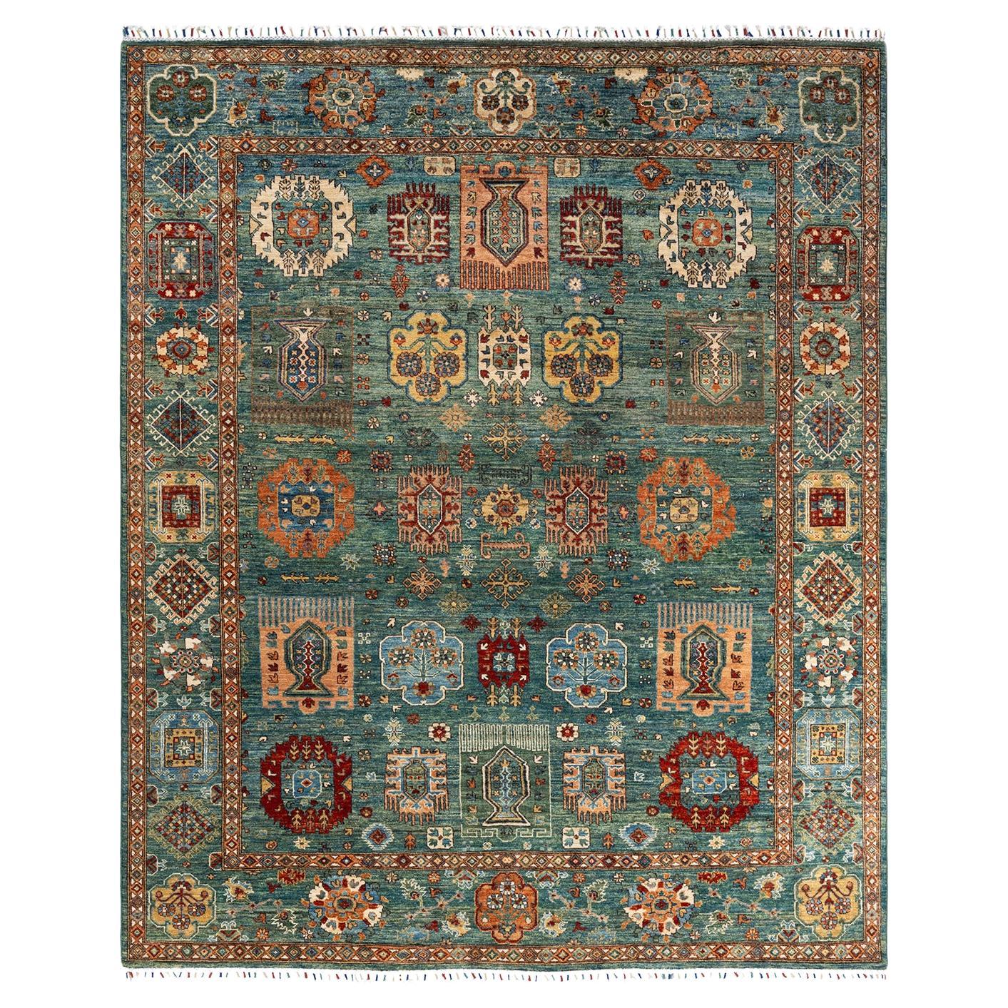 One-of-a-kind Hand Knotted Wool Tribal Green Area Rug For Sale at 1stDibs