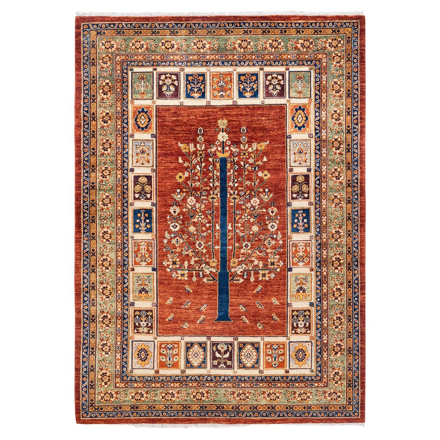 One-of-a-kind Hand Knotted Wool Tribal Orange Area Rug For Sale at 1stDibs