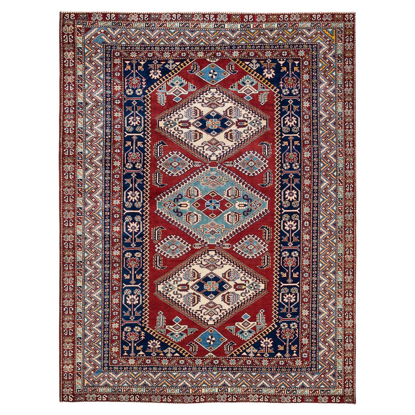 One-of-a-kind Hand Knotted Wool Tribal Orange Area Rug For Sale at 1stDibs