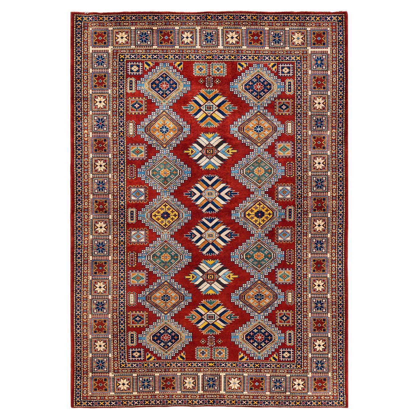 One-of-a-kind Hand Knotted Wool Tribal Red Area Rug For Sale at 1stDibs