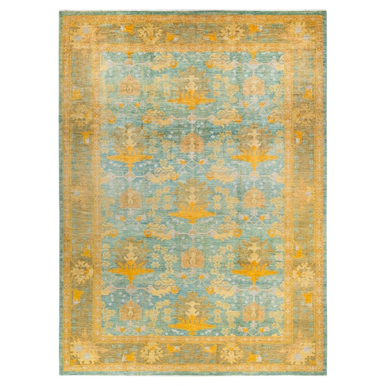 One-Of-A-Kind Hand Made Contemporary Arts and Crafts Green Rug at 1stDibs